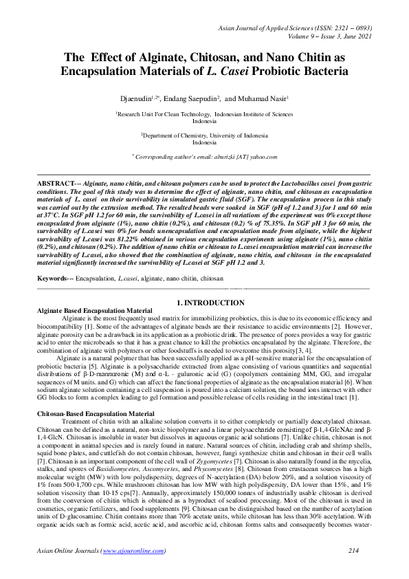 (PDF) The The Effect of Alginate, Chitosan, and Nano Chitin as Encapsulation Materials of L ...