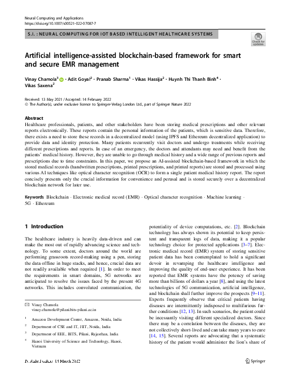 Pdf Artificial Intelligence Assisted Blockchain Based Framework For Smart And Secure Emr