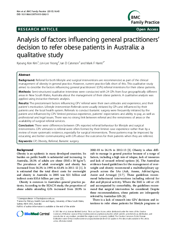 (PDF) Analysis of factors influencing general practitioners' decision to refer obese patients in ...