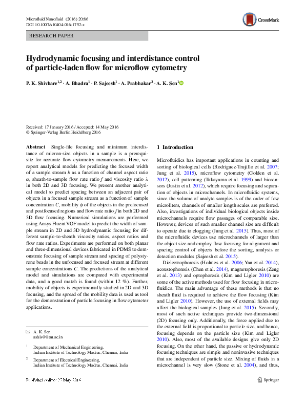 (PDF) Hydrodynamic focusing and interdistance control of particle-laden flow for microflow ...
