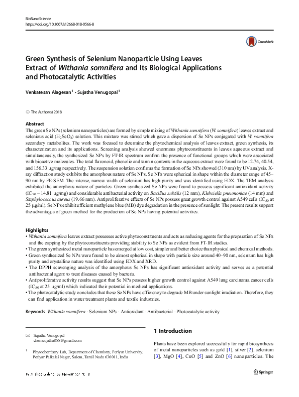 (PDF) Green Synthesis of Selenium Nanoparticle Using Leaves Extract of ...