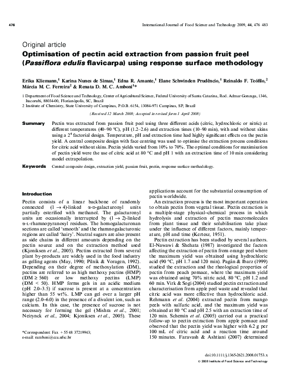 (PDF) Optimisation of pectin acid extraction from passion fruit peel (Passiflora ...