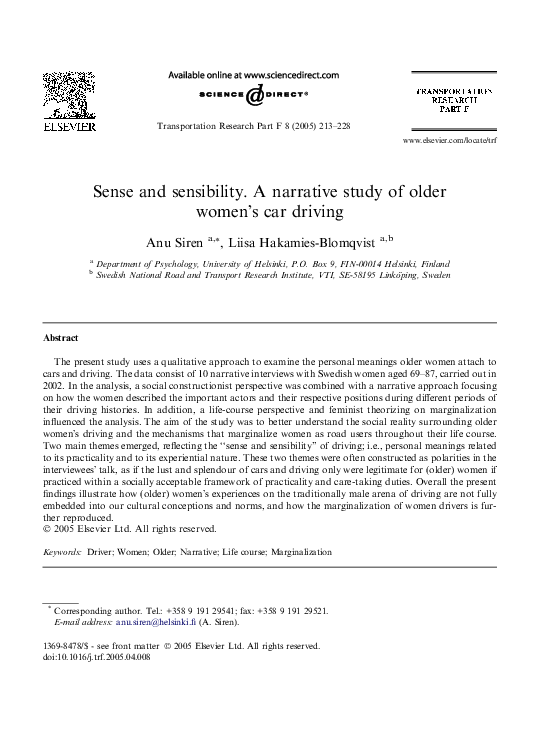 (PDF) Sense and sensibility. A narrative study of older women’s car driving