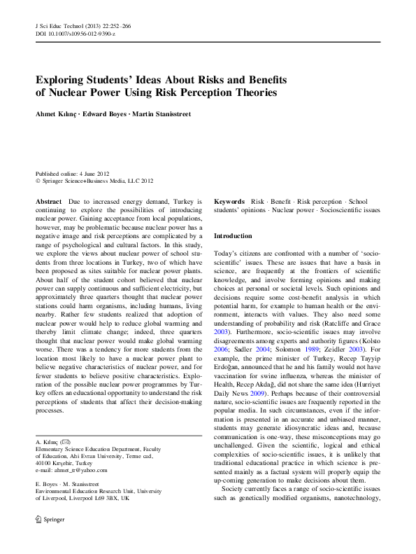 (PDF) Exploring Students’ Ideas About Risks and Benefits of Nuclear ...
