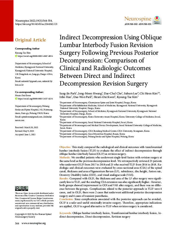 (PDF) Indirect Decompression Using Oblique Lumbar Interbody Fusion ...