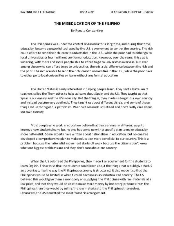 (DOC) THE MISEDUCATION OF THE FILIPINO by Renato Constantino