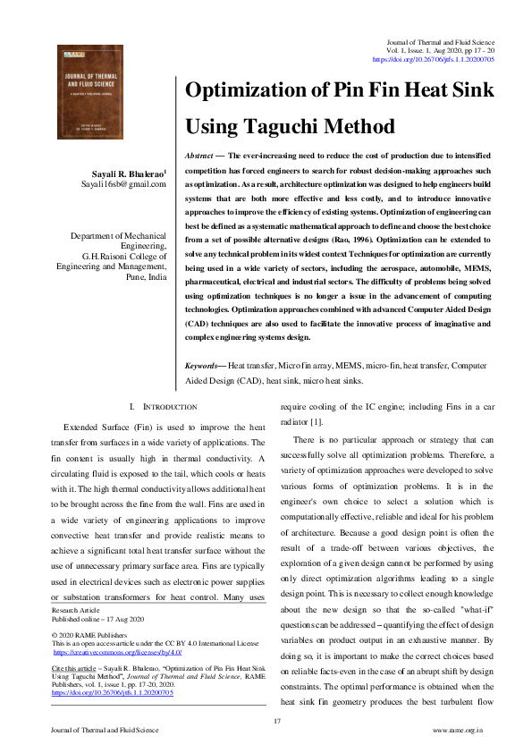 Pdf Optimization Of Pin Fin Heat Sink Using Taguchi Method