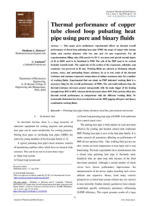Pdf Thermal Performance Of Copper Tube Closed Loop Pulsating Heat Pipe Using Pure And Binary