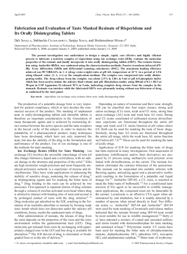 Pdf Fabrication And Evaluation Of Taste Masked Resinate Of Risperidone And Its Orally