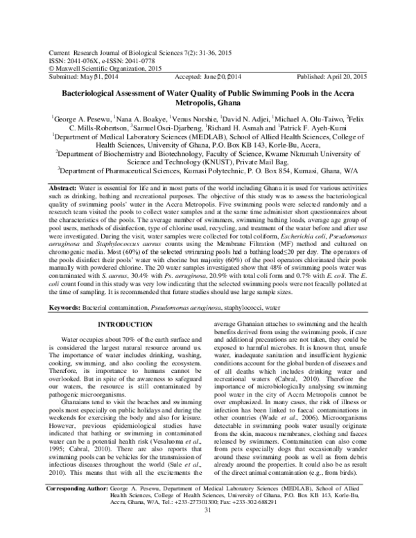 (PDF) Bacteriological Assessment of Water Quality of Public Swimming ...