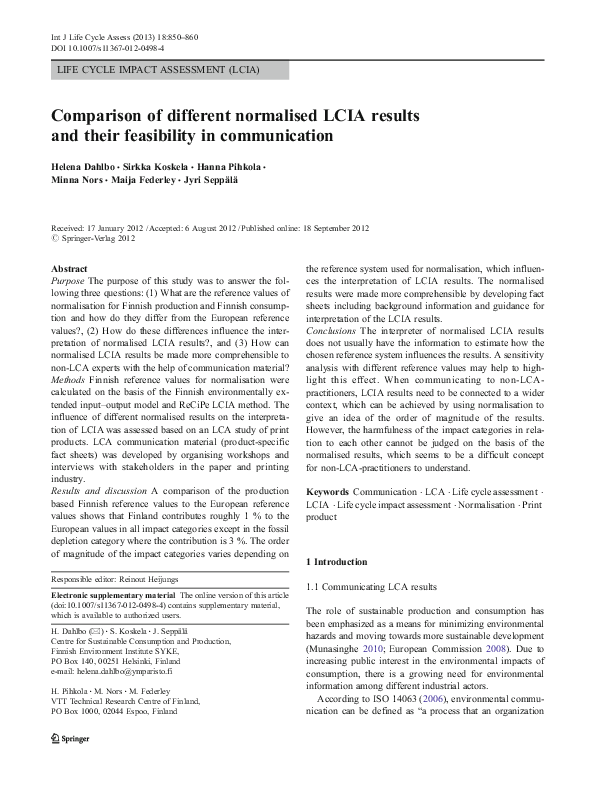 (PDF) Comparison of different normalised LCIA results and their feasibility in communication
