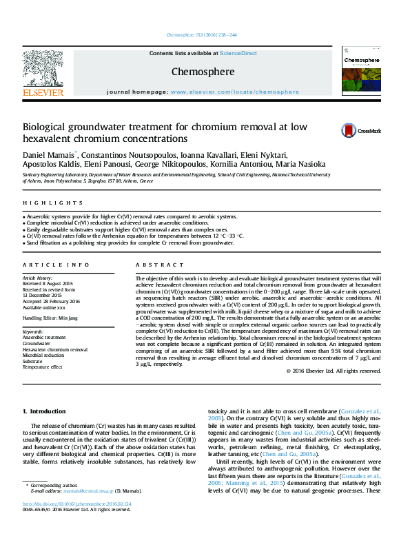 (PDF) Biological groundwater treatment for chromium removal at low hexavalent chromium ...