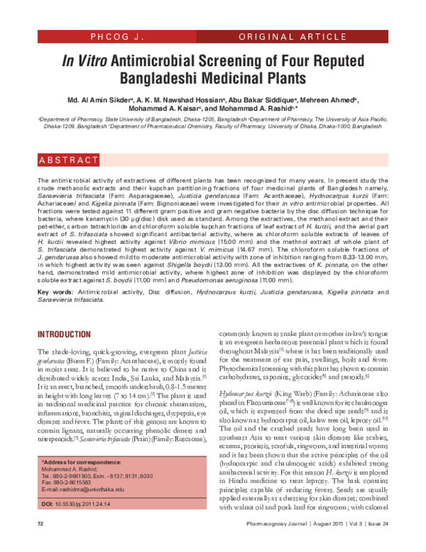 (PDF) In Vitro Antimicrobial Screening of Four Reputed Bangladeshi Medicinal Plants