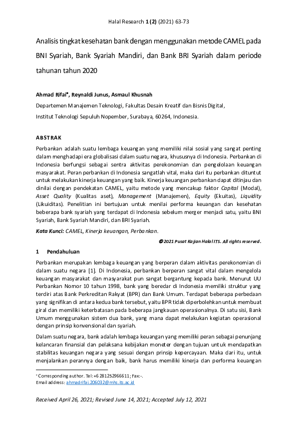 (PDF) Analisis Tingkat Kesehatan Bank dengan Menggunakan Metode CAMEL Pada BNI Syariah, Bank ...