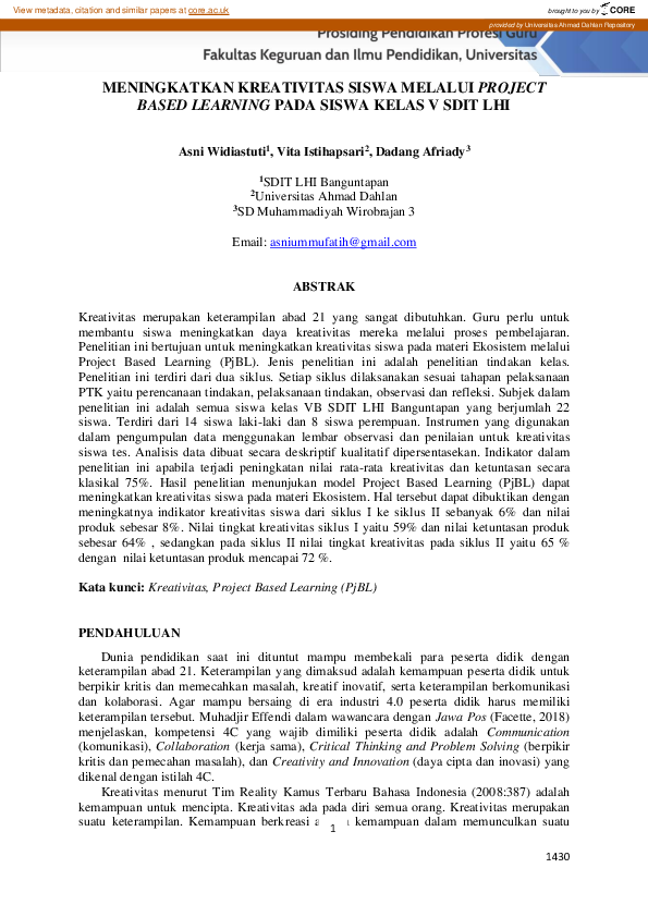 (PDF) Meningkatkan Kreativitas Siswa Melalui Project Based Learning Pada Siswa Kelas V Sdit Lhi