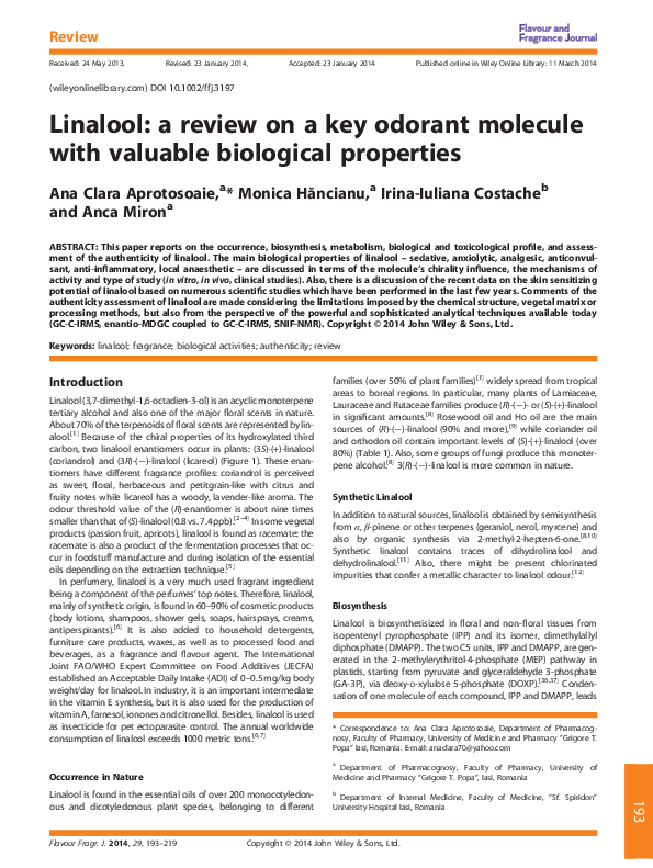 (PDF) Linalool: a review on a key odorant molecule with valuable ...