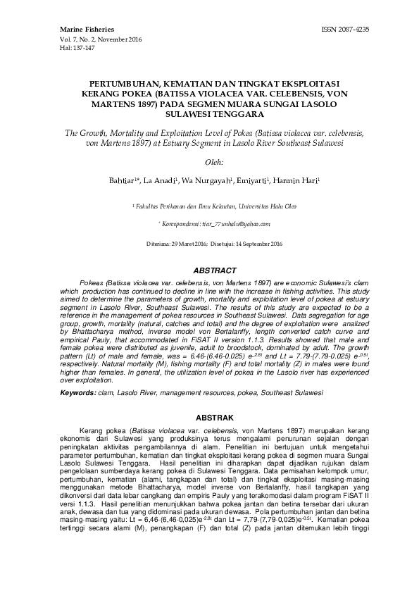 (PDF) Pertumbuhan, Kematian Dan Tingkat Eksploitasi Kerang Pokea ...