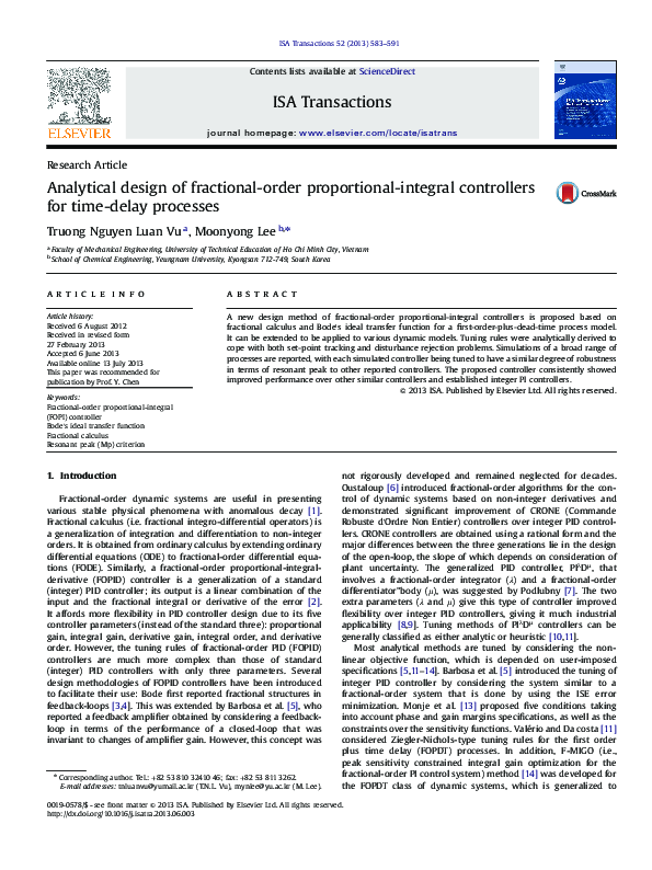 (PDF) Analytical design of fractional-order proportional-integral controllers for time-delay ...