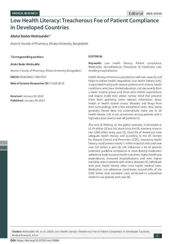 (PDF) Low Health Literacy: Treacherous Foe of Patient Compliance in ...