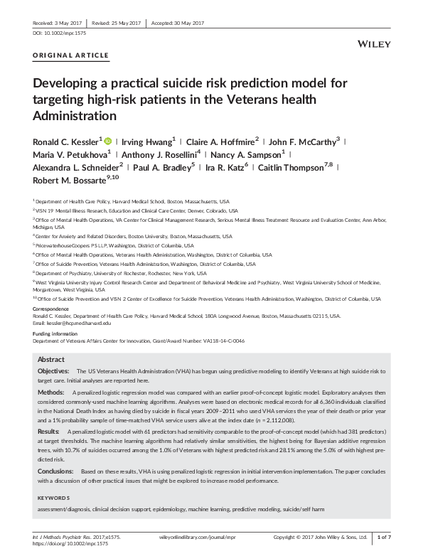 (PDF) Developing a practical suicide risk prediction model for ...
