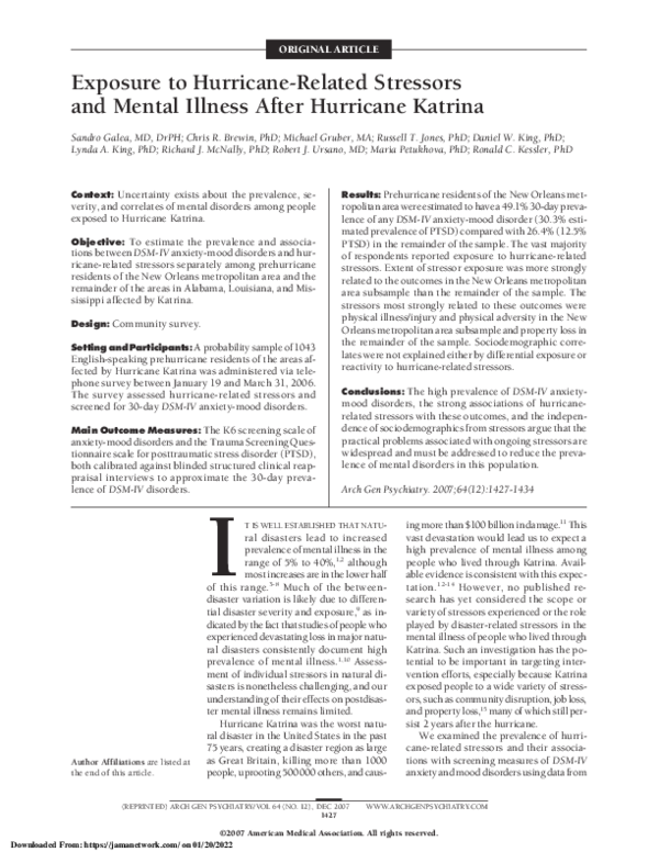 (PDF) Exposure to Hurricane-Related Stressors and Mental Illness After ...