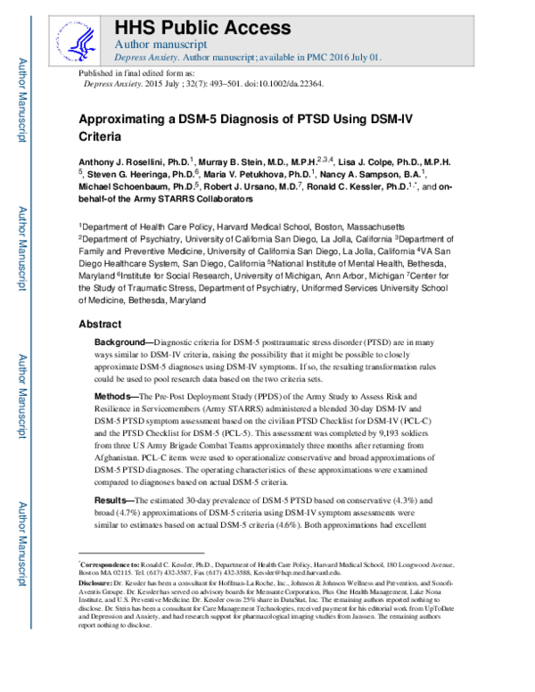 (PDF) Approximating a DSM-5 Diagnosis of PTSD Using DSM-IV Criteria