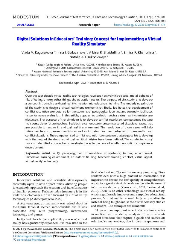 (PDF) Digital Solutions in Educators’ Training: Concept for Implementing a Virtual Reality Simulator
