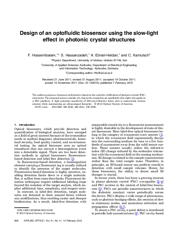 (PDF) Design of an optofluidic biosensor using the slow-light effect in photonic crystal structures