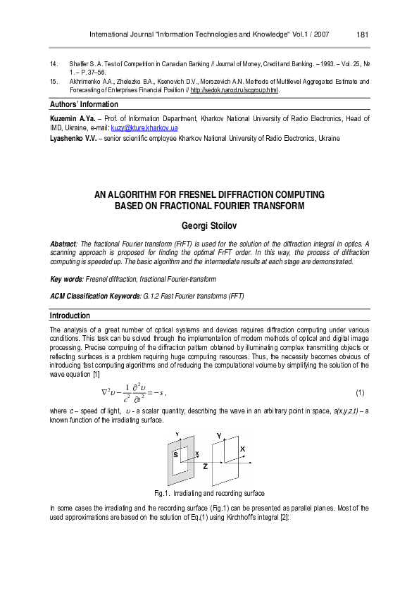 (PDF) An Algorithm for Fresnel Diffraction Computing Based on Fractional Fourier Transform ...