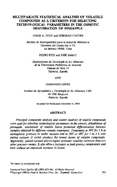 Pdf Multivariate Statistical Analysis Of Volatile Compounds As A