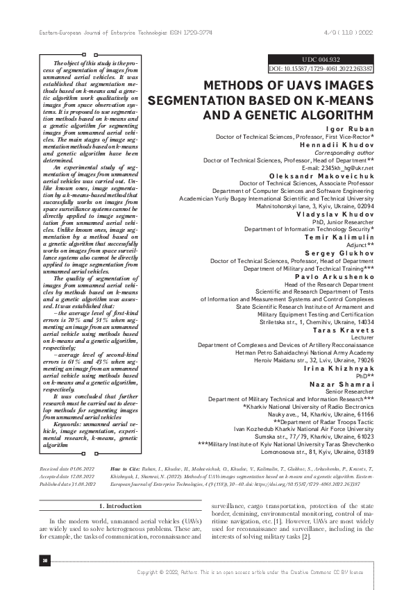 (PDF) Methods of UAVs images segmentation based on k-means and a genetic algorithm
