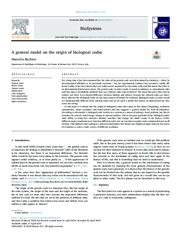 (PDF) A general model on the origin of biological codes