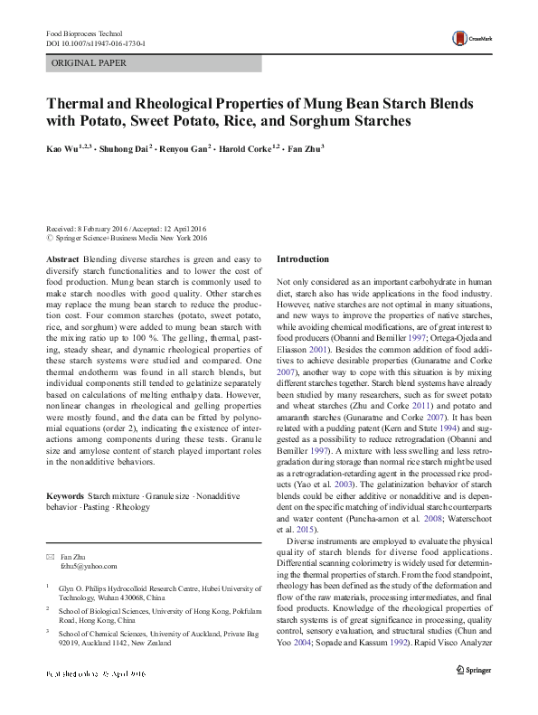 (PDF) Thermal and Rheological Properties of Mung Bean Starch Blends with Potato, Sweet Potato ...