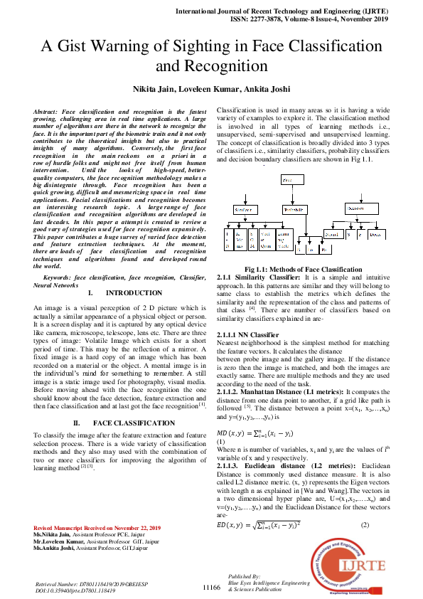 (PDF) A Gist Warning of Sighting in Face Classification and Recognition