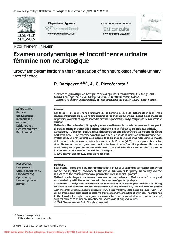 (PDF) Examen urodynamique et incontinence urinaire féminine non ...