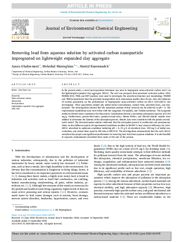 (PDF) Removing lead from aqueous solution by activated carbon ...