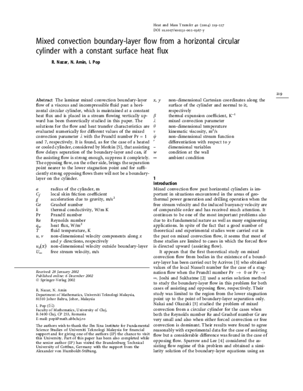 (PDF) Mixed convection boundary-layer flow from a horizontal circular cylinder with a constant ...