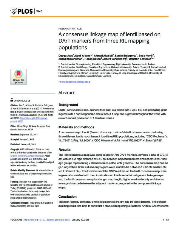 (PDF) A consensus linkage map of lentil based on DArT markers from ...