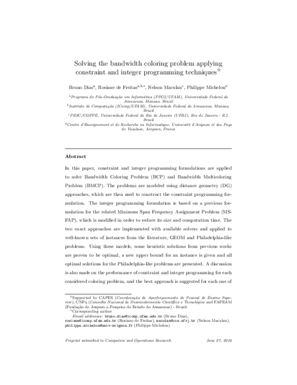 (PDF) Solving the bandwidth coloring problem applying constraint and integer programming ...
