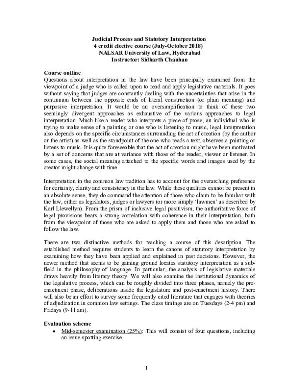 (PDF) JUDICIAL PROCESS AND STATUTORY INTERPRETATION (July-October 2018) NALSAR Hyderabad