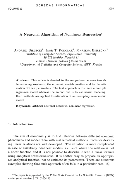 (PDF) A neuronal algorithm of nonlinear regression | Igor Podolak - Academia.edu
