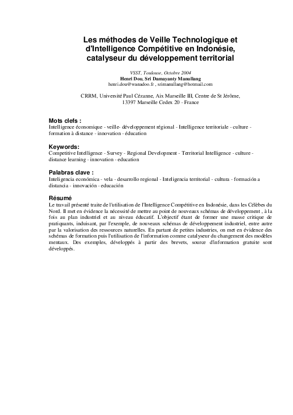 (PDF) Les méthodes de veille technologique et d'intelligence ...