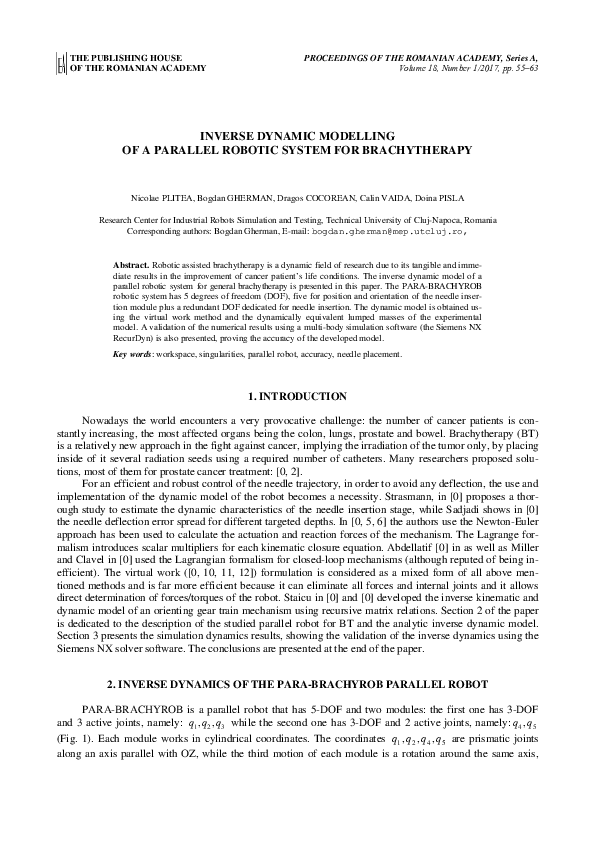 (PDF) Inverse Dynamic Modelling of a Parallel Robotic System for Brachytherapy