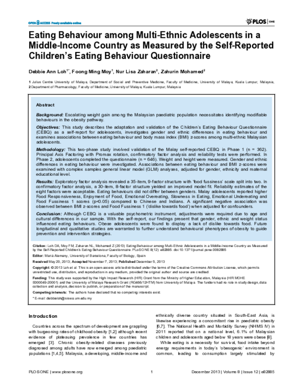 (PDF) Eating Behaviour among Multi-Ethnic Adolescents in a Middle ...