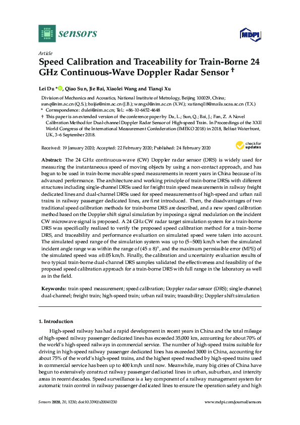 (PDF) Speed Calibration and Traceability for Train-Borne 24 GHz ...