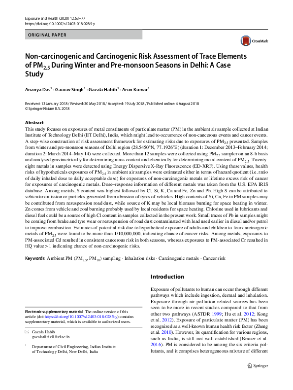 (PDF) Non-carcinogenic and Carcinogenic Risk Assessment of Trace Elements of PM2.5 During Winter ...