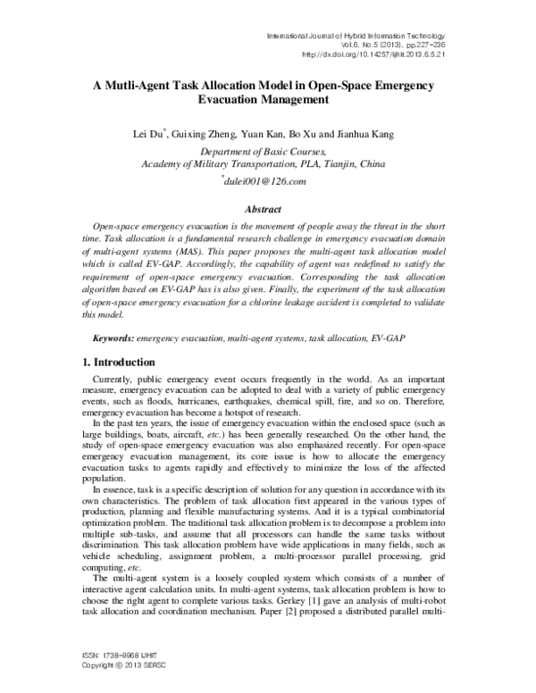 Pdf A Mutli Agent Task Allocation Model In Open Space Emergency Evacuation Management