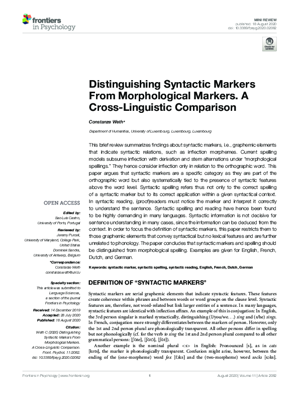 Pdf Distinguishing Syntactic Markers From Morphological Markers A Cross Linguistic Comparison