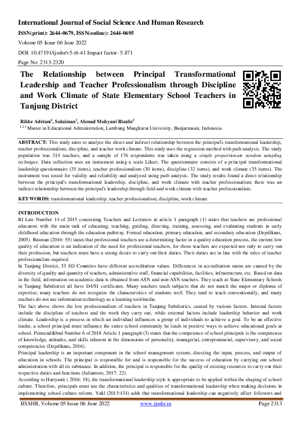 (PDF) The Relationship Between Principal Transformational Leadership and Teacher Professionalism ...