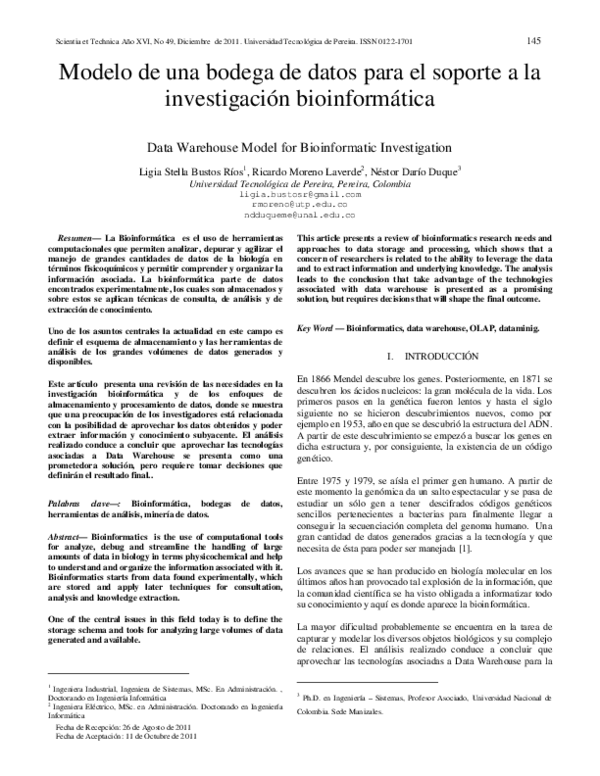 (PDF) Modelo de una bodega de datos para el soporte a la investigación ...